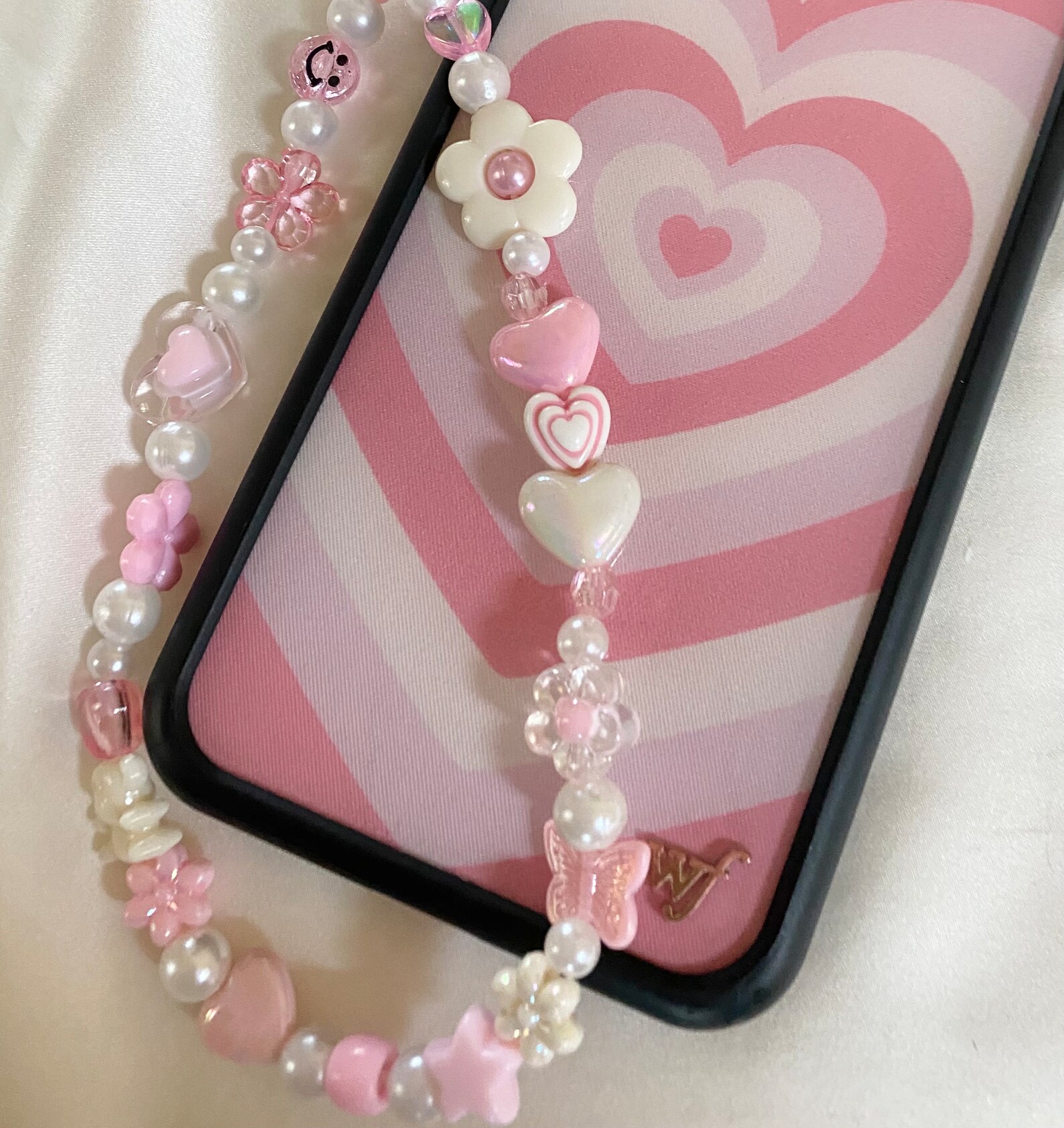 Pink and Beige Pearl Phone Charm Strap/coquette Phone Charm - Etsy