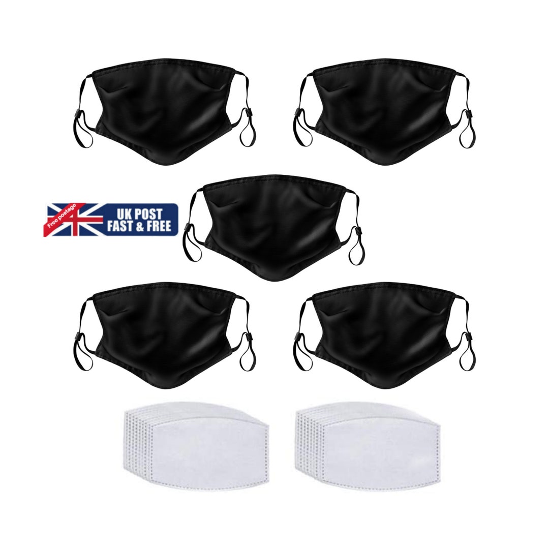 Black Face Masks Washable UK With Filters Reusable Cotton Fabric ...
