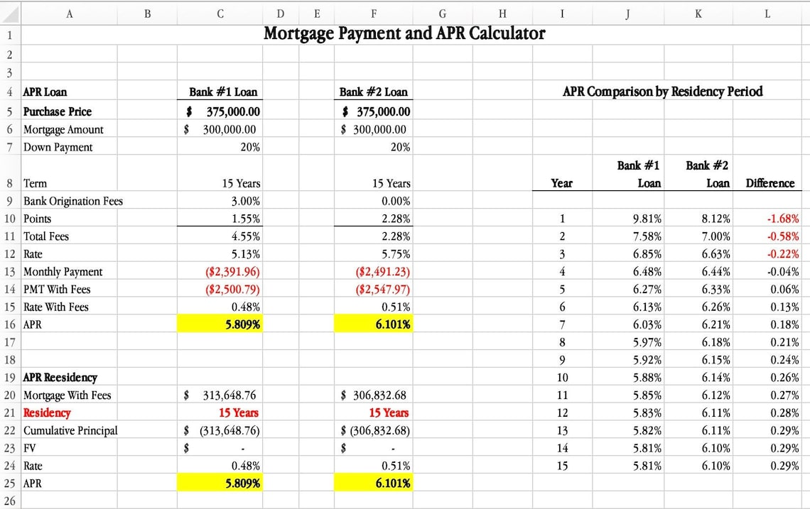 Excel Mortgage Payment and APR Spreadsheet - Etsy