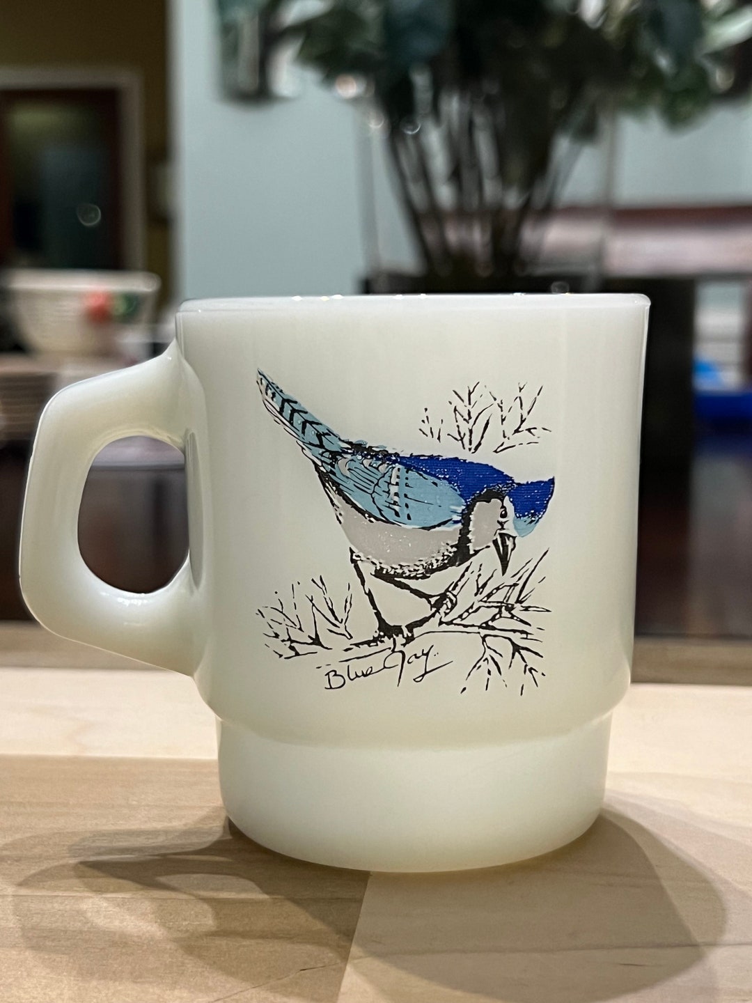 Anchor Hocking Stackable White Milk Glass Cup Blue Jay - Etsy