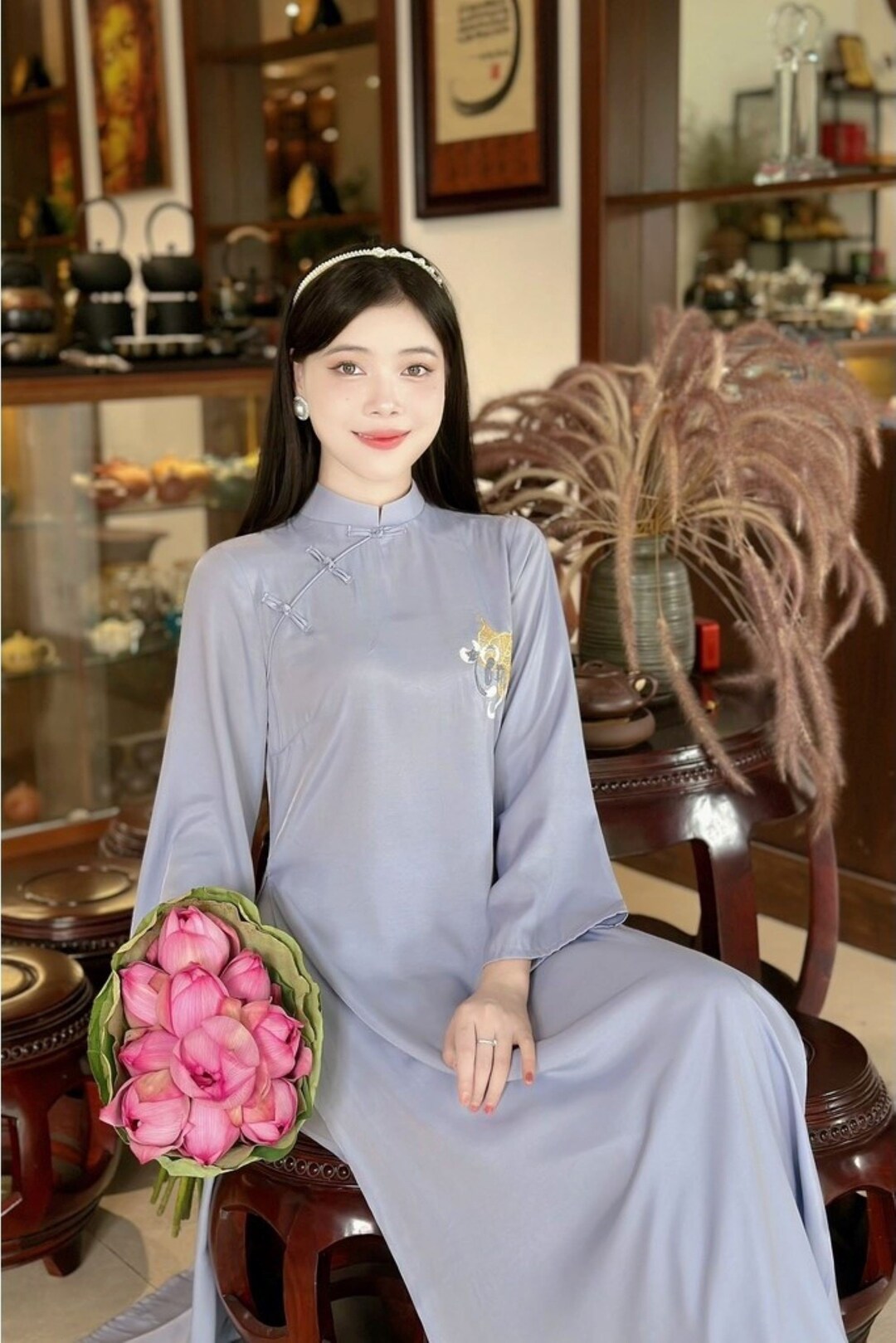 Ao Dai Di Chua Đồ Lam Đi Chùa Pre-made Ao Dai for Women - Etsy Norway