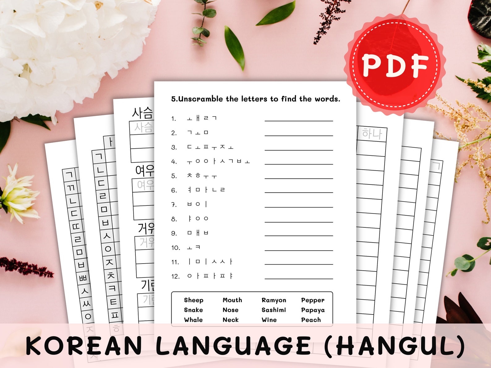 5 in 1 Korean Consonants, Vowels, Numbers, Words and Word Scramble for ...