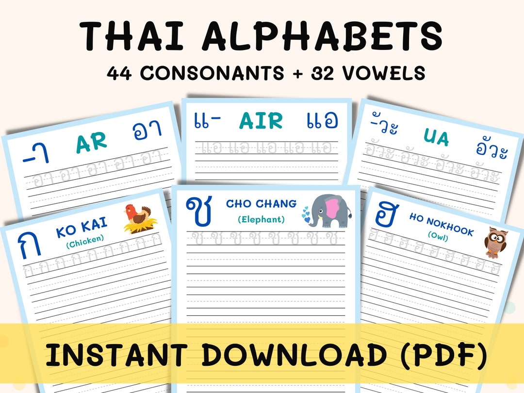 Thai Alphabets (44 Consonants + 32 Vowels) Handwriting Practice ...