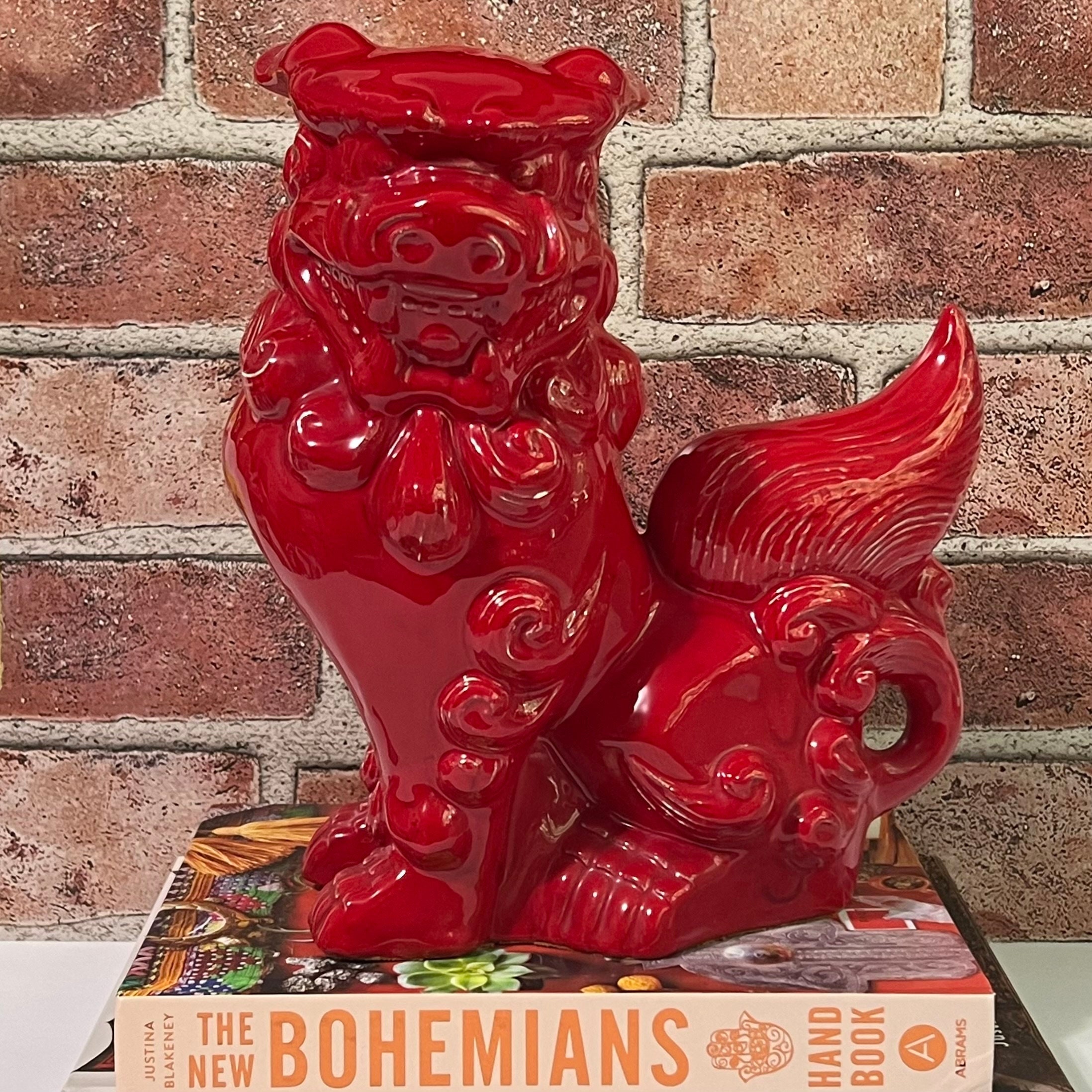 VINTAGE Foo Dog Ceramic Figurine, Red Asian Oriental Chinese Imperial ...