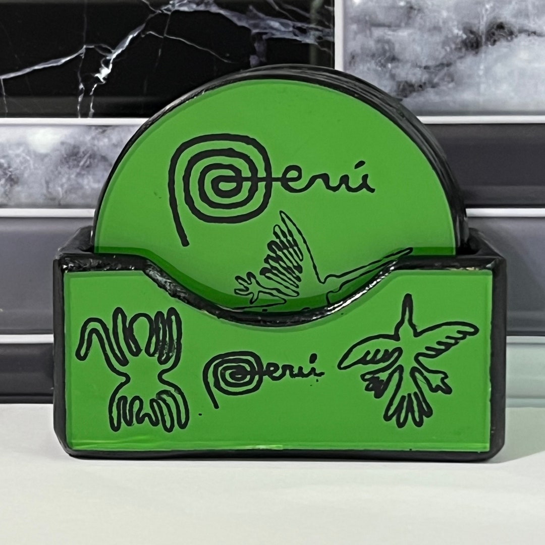 PERU Set of 6 Coasters Green With Glass and Wood, Tribal Animal Cave ...