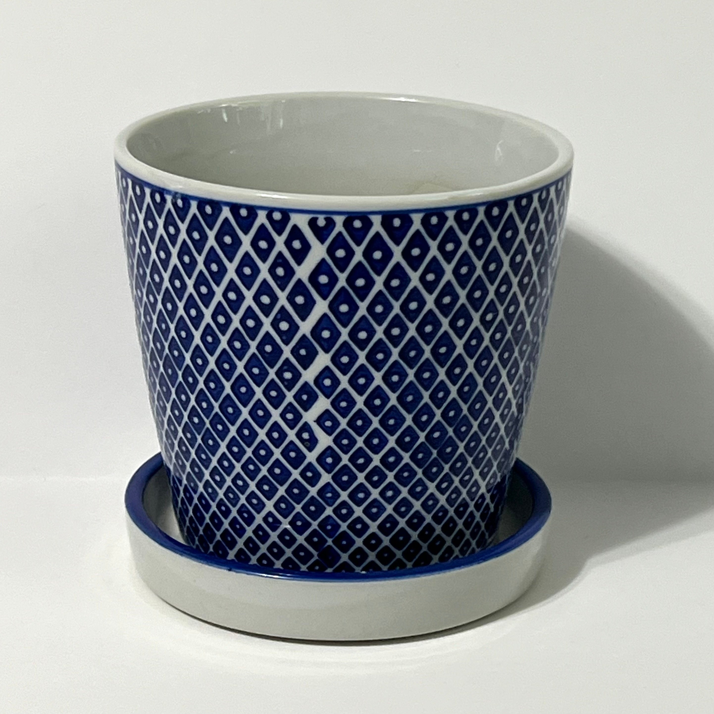 Diamond Pattern Ceramic Planter Drainage Hole Saucer Cobalt Blue Flower ...
