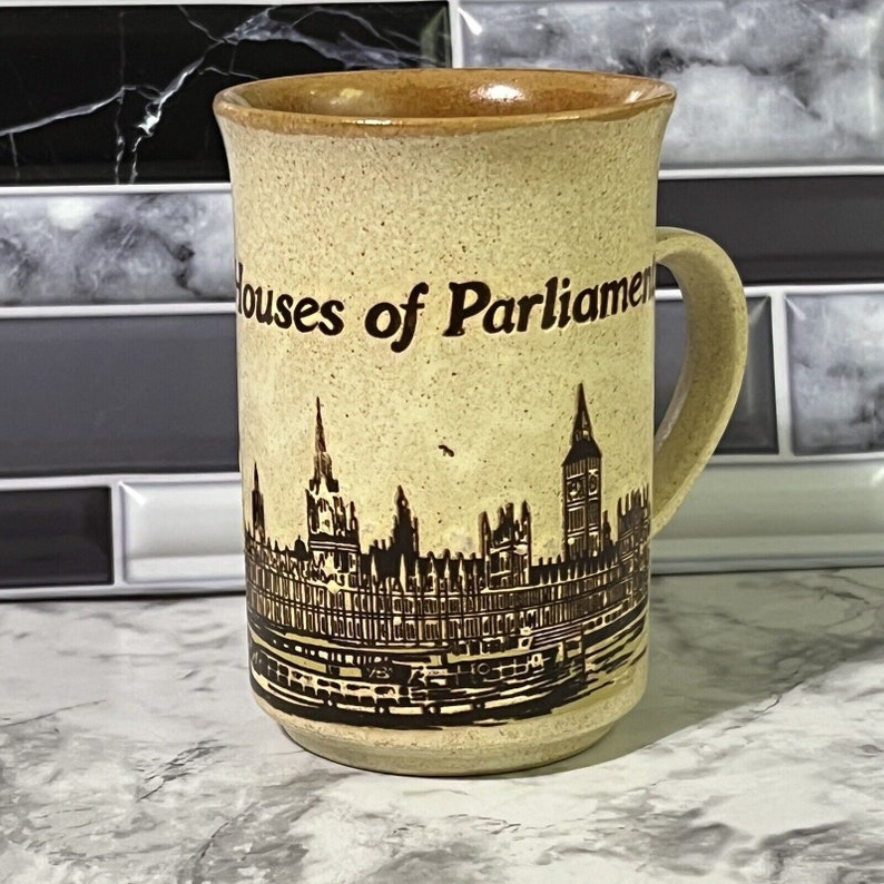 VINTAGE Houses of Parliament LONDON Ceramic Mug 12oz Tan ETCHED ...
