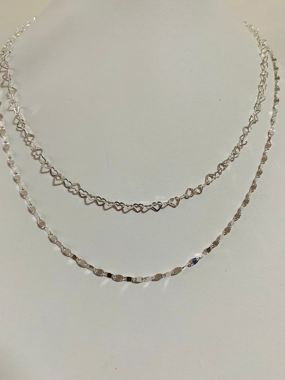 Silver double adjustable chain, hearts and flat mirro… - Gem