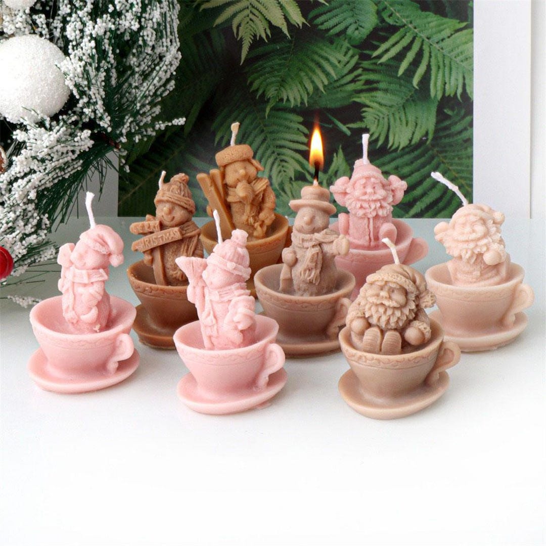 8 Mini Santa Claus Cup Silicone Candle Molds DIY Snowman Aroma Plaster ...