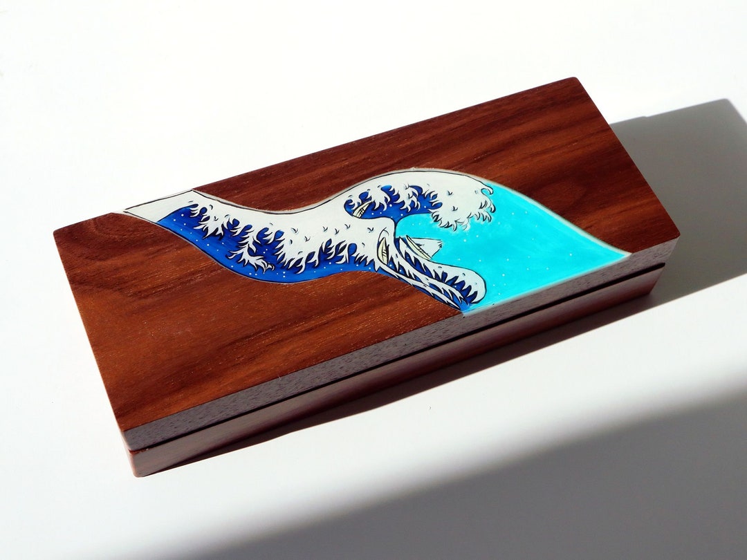 Great Wave Rectangular Dice Vault - Wooden Dice Holder, Resin and Wood ...