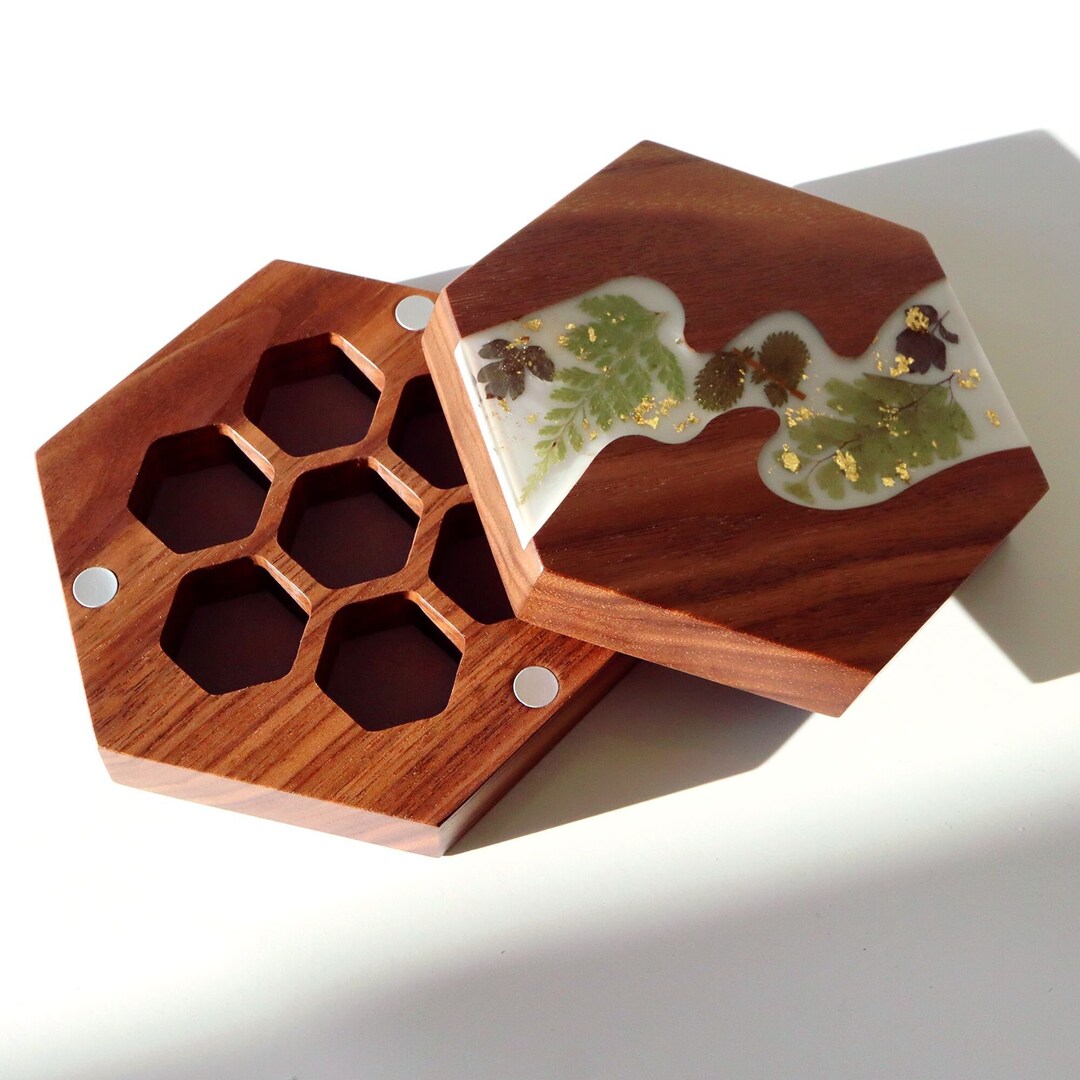 Earthtones Hexagonal Dice Vault Wooden Dice Holder, Resin and Wood ...