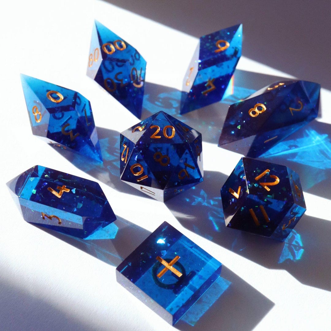 Sapphire Crystal 8 Pc Set - Gemstone Handmade Resin Sharp Edge Dnd Dice ...