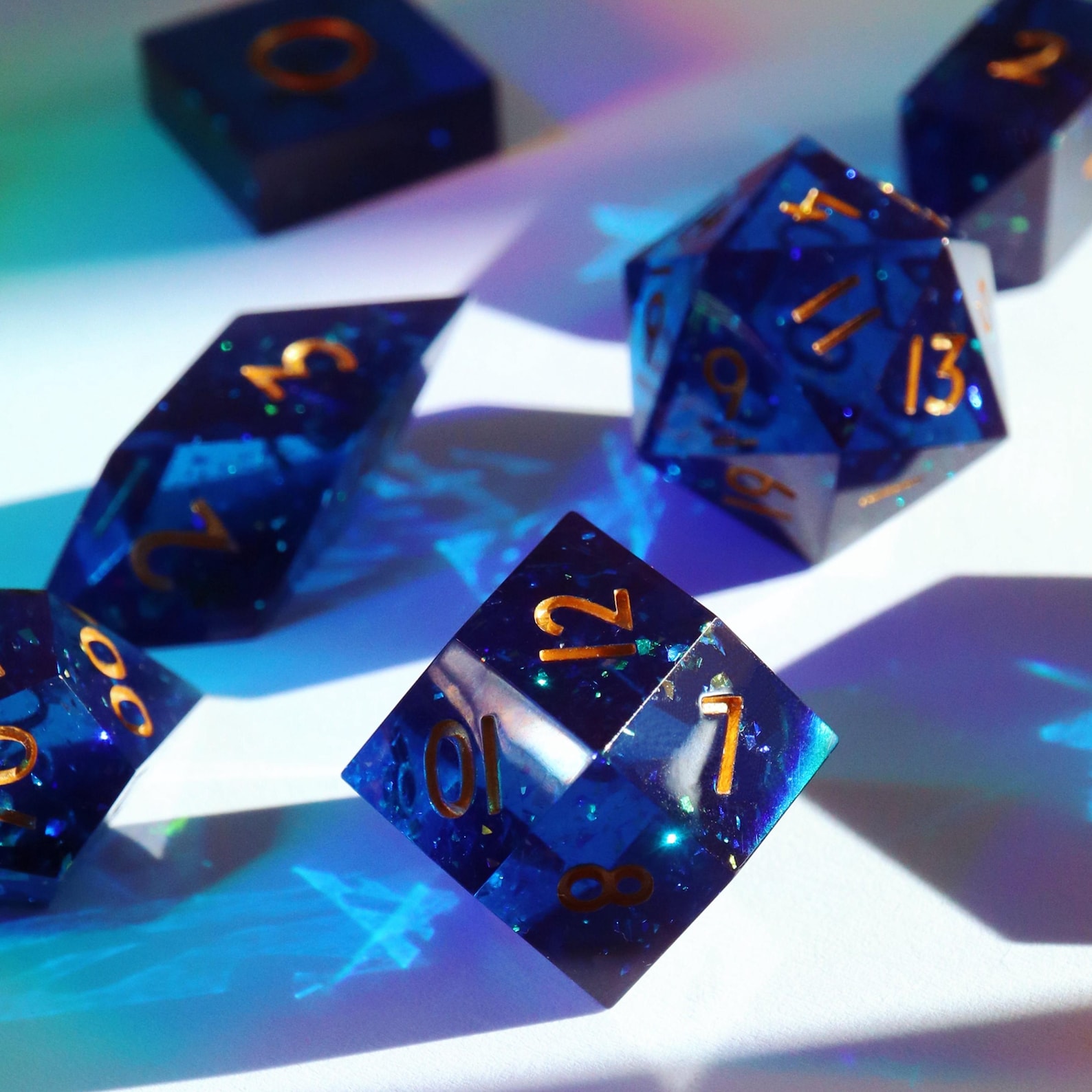 Sapphire Crystal 8 Pc Set - Gemstone Handmade Resin Sharp Edge Dnd Dice ...