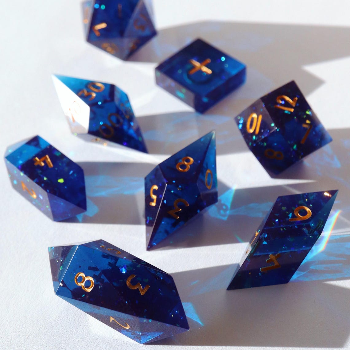 Sapphire Crystal 8 Pc Set - Gemstone Handmade Resin Sharp Edge Dnd Dice ...