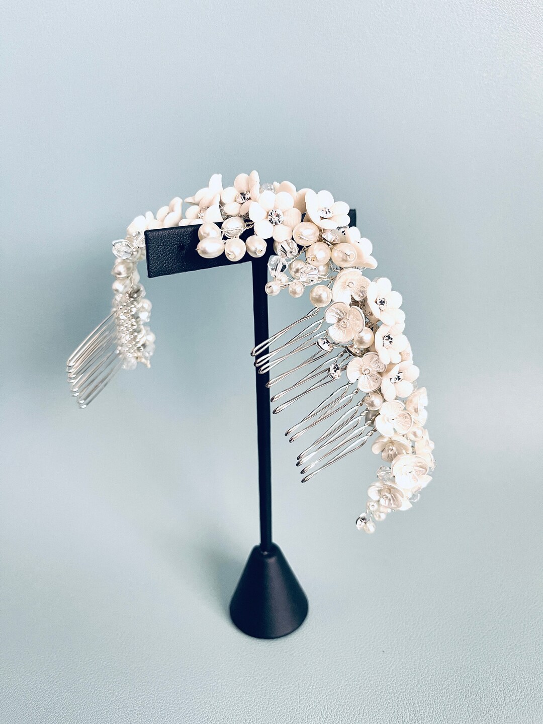Double Silver Floral Hair Comb, Wedding Hair Vine, Floral Pearl Bridal ...