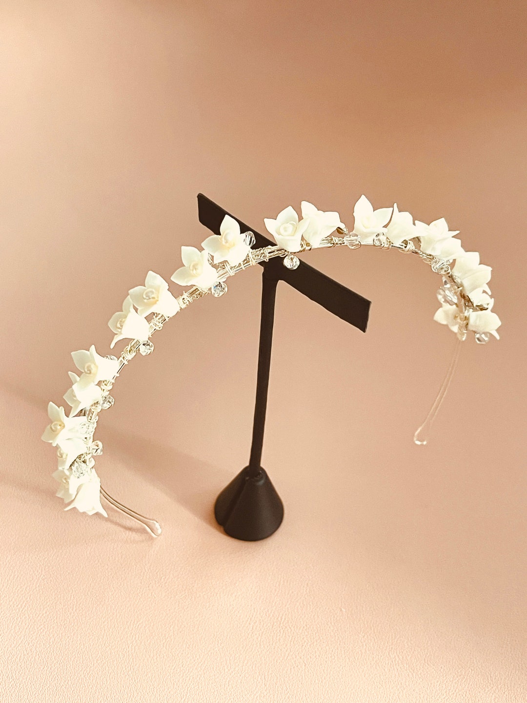 White Clay Floral Tiara, Clay Flower Freshwater Pearl Headband, Pearl ...