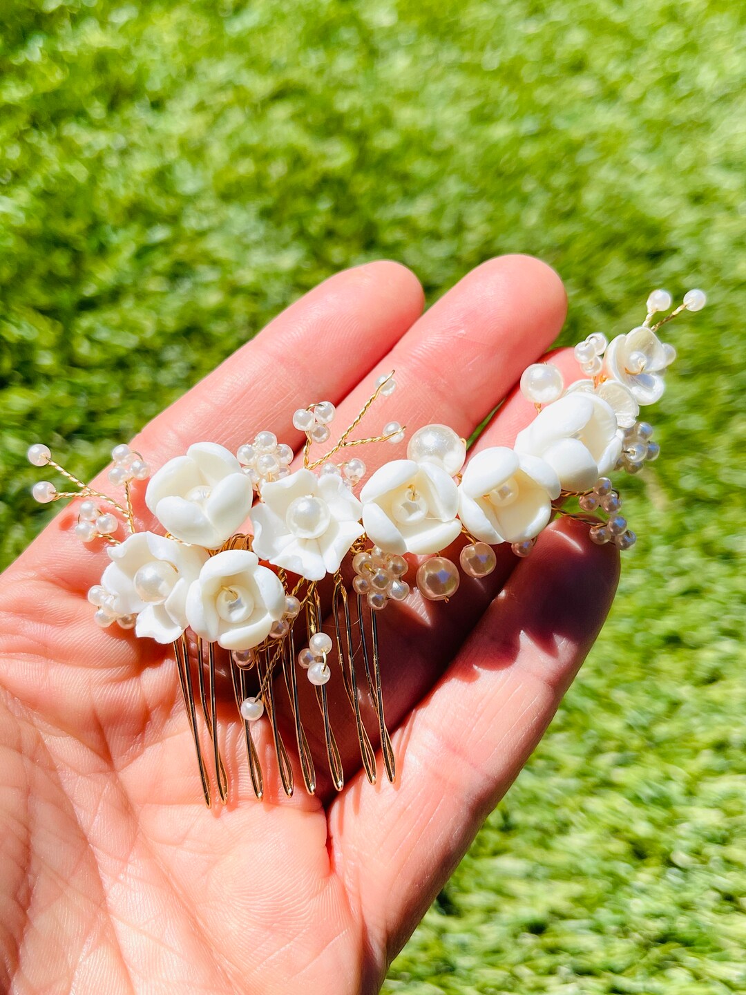 Clay Pearl Bridal Comb, Floral Wedding Clay & Pearl Comb, Bridal ...