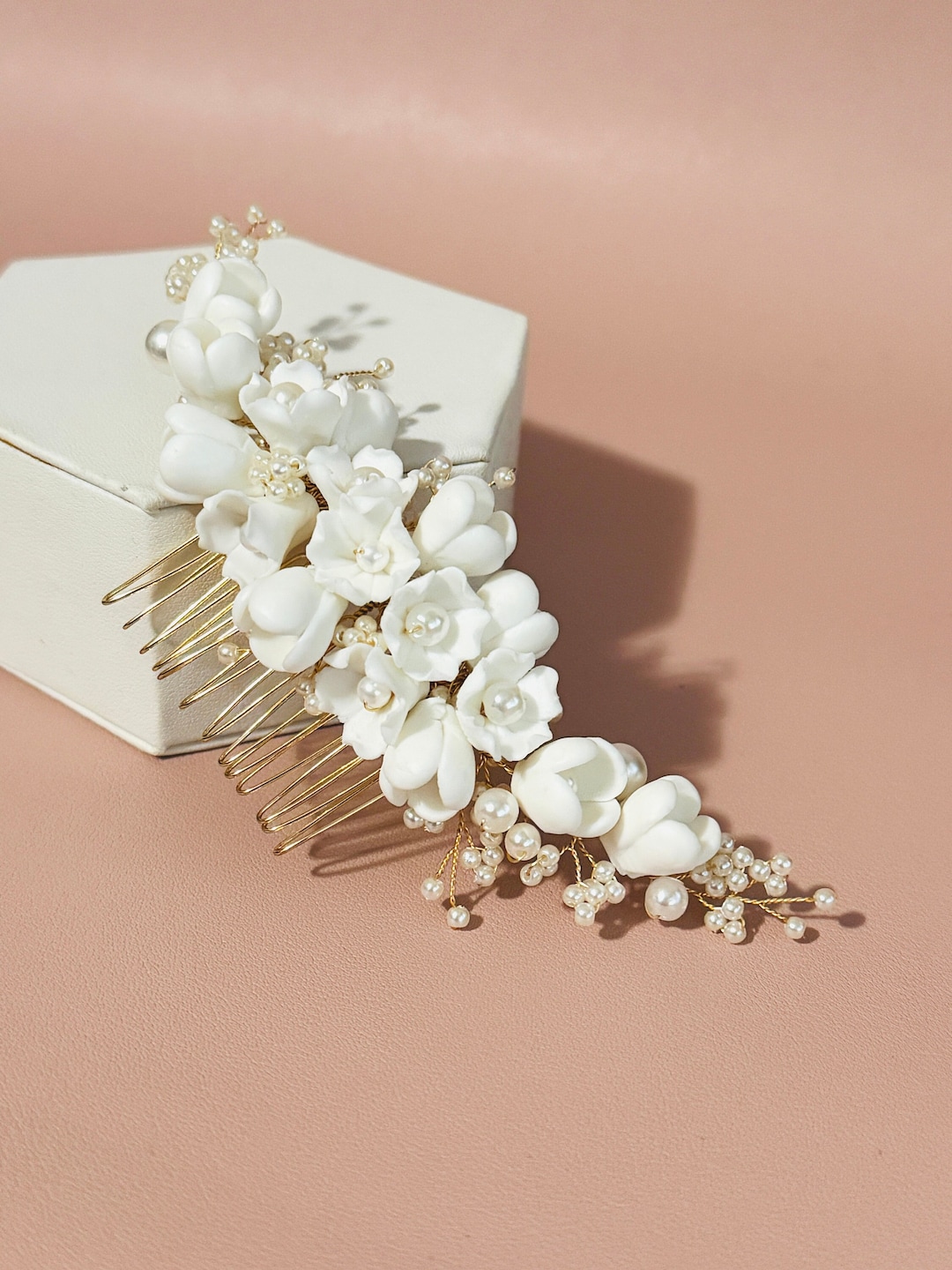 Fuller White Clay Flower Pearl Hair Comb, Porcelain Flower Headpiece ...