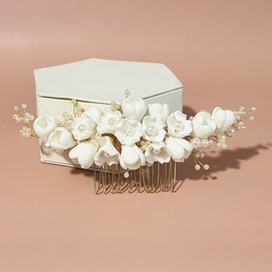 Fuller White Clay Flower Pearl Hair Comb, Porcelain Flower Headpiece ...