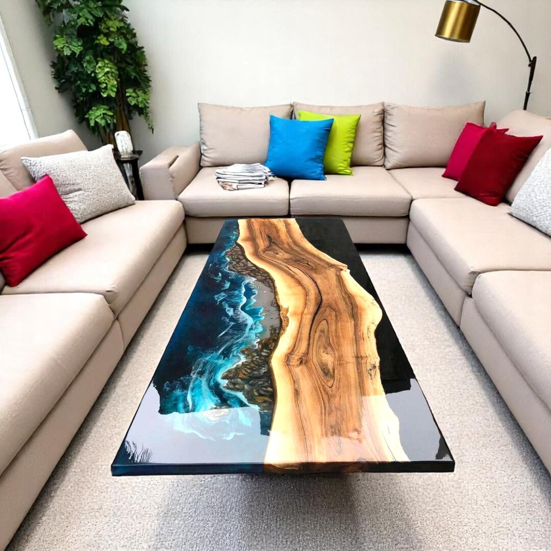 Rectangle Ocean Wave Resin Epoxy Dining Table Top Acacia Wooden Bar ...