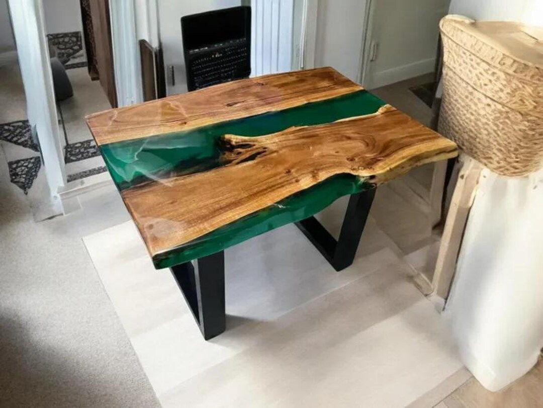Live Edge Green Clear Epoxy Resin Kitchen Dining Table Luxury Bar Desk Handmade Modern Office ...