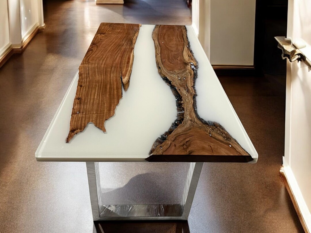White Epoxy Dining Table Top Acacia Wood Computer Desk Handmade ...