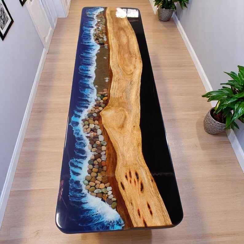 Ocean Wave Epoxy Resin River Dining Table Live Edge Wood and Blue Resin ...
