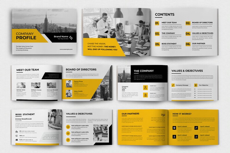 Company Profile Landscape Layout With Yellow Accents | INDESIGN & CANVA ...