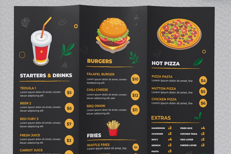 Yellow and Black Food Menu Layout | Brochure Template Layout - Etsy