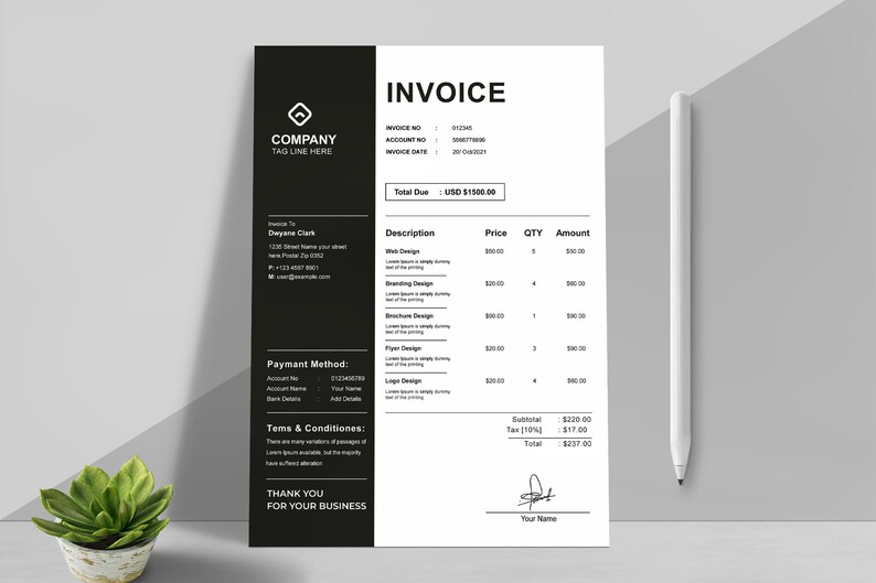 New Black Invoice Template Design Layout 2022 | Invoice Instant ...