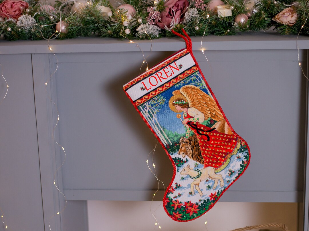 Personalized Christmas Stocking With Embroidered Angel Needlepoint ...