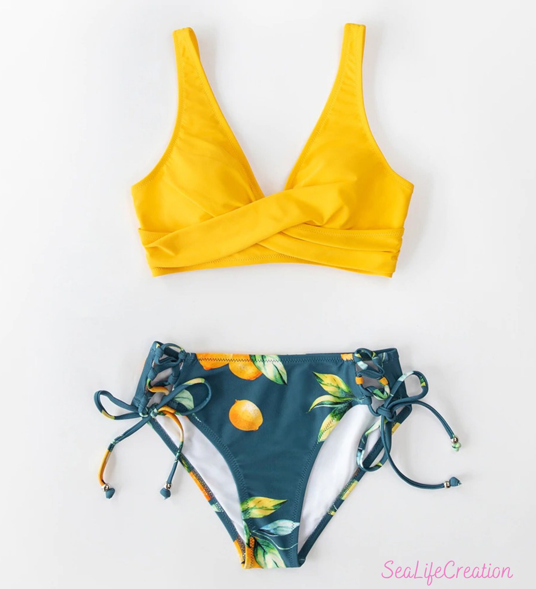 Yellow And Lemon Print Mid Waist Bikini Sets Two Pieces Lace Etsy