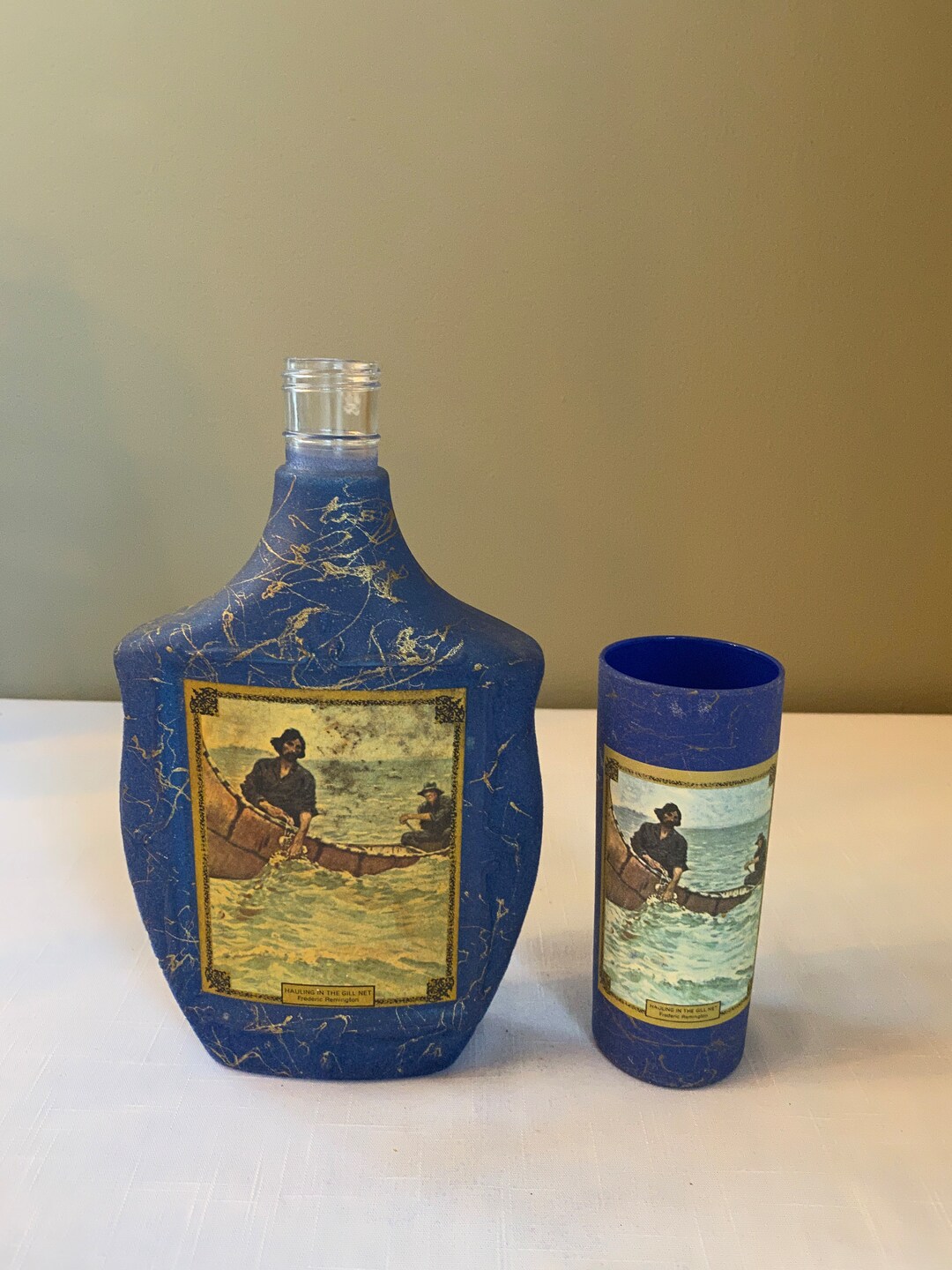 Vintage-1968 "hauling in the Gill Net" by Frederick Remington, Jim Beam ...