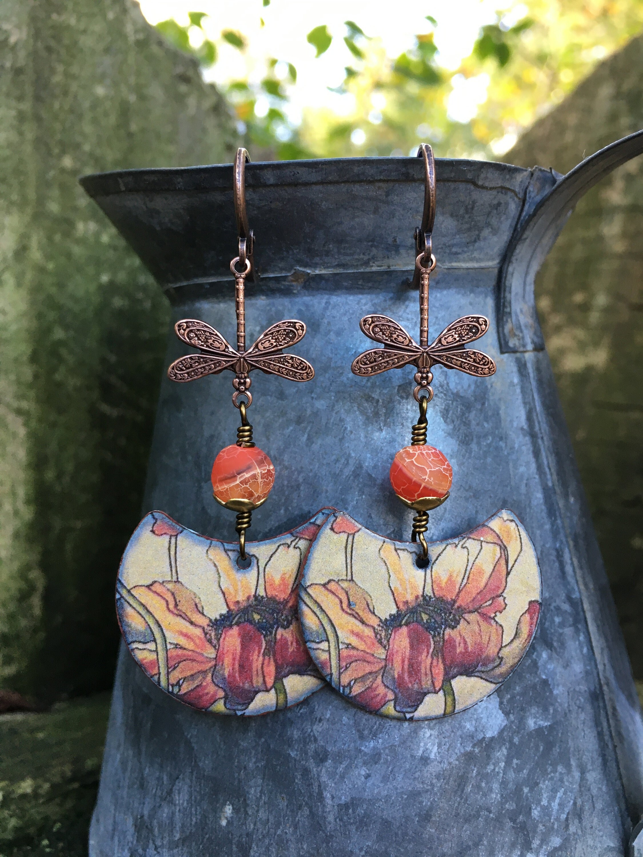 Enameled Copper, Flower, Dragonfly, Agate, Bohemian - Etsy