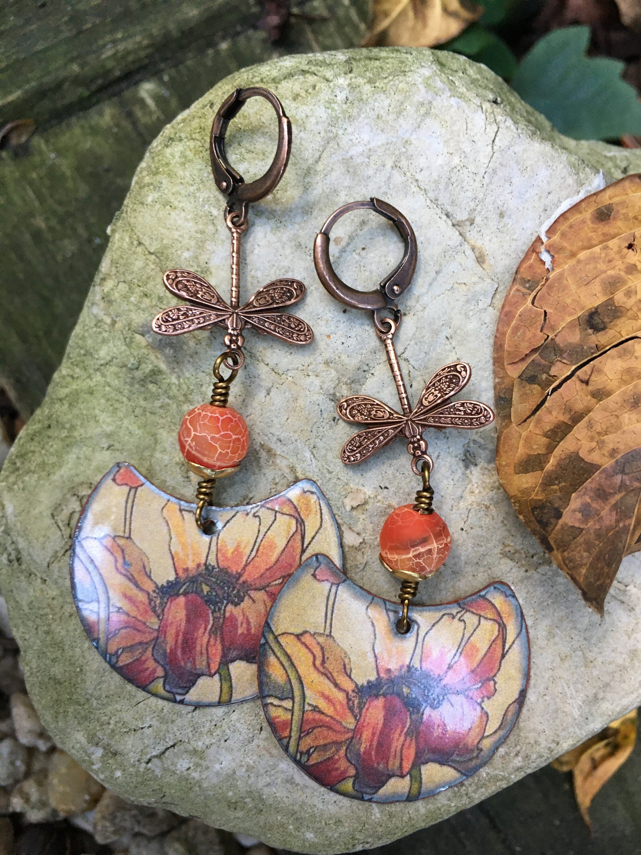 Enameled Copper, Flower, Dragonfly, Agate, Bohemian - Etsy