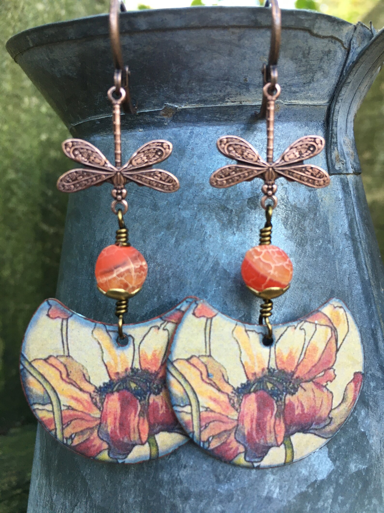 Enameled Copper, Flower, Dragonfly, Agate, Bohemian - Etsy