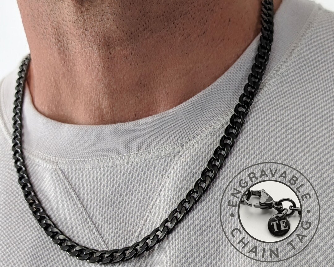 Mens Chain, 7mm Black Plated Mens Curb Chain, Personalized Mens Chain ...