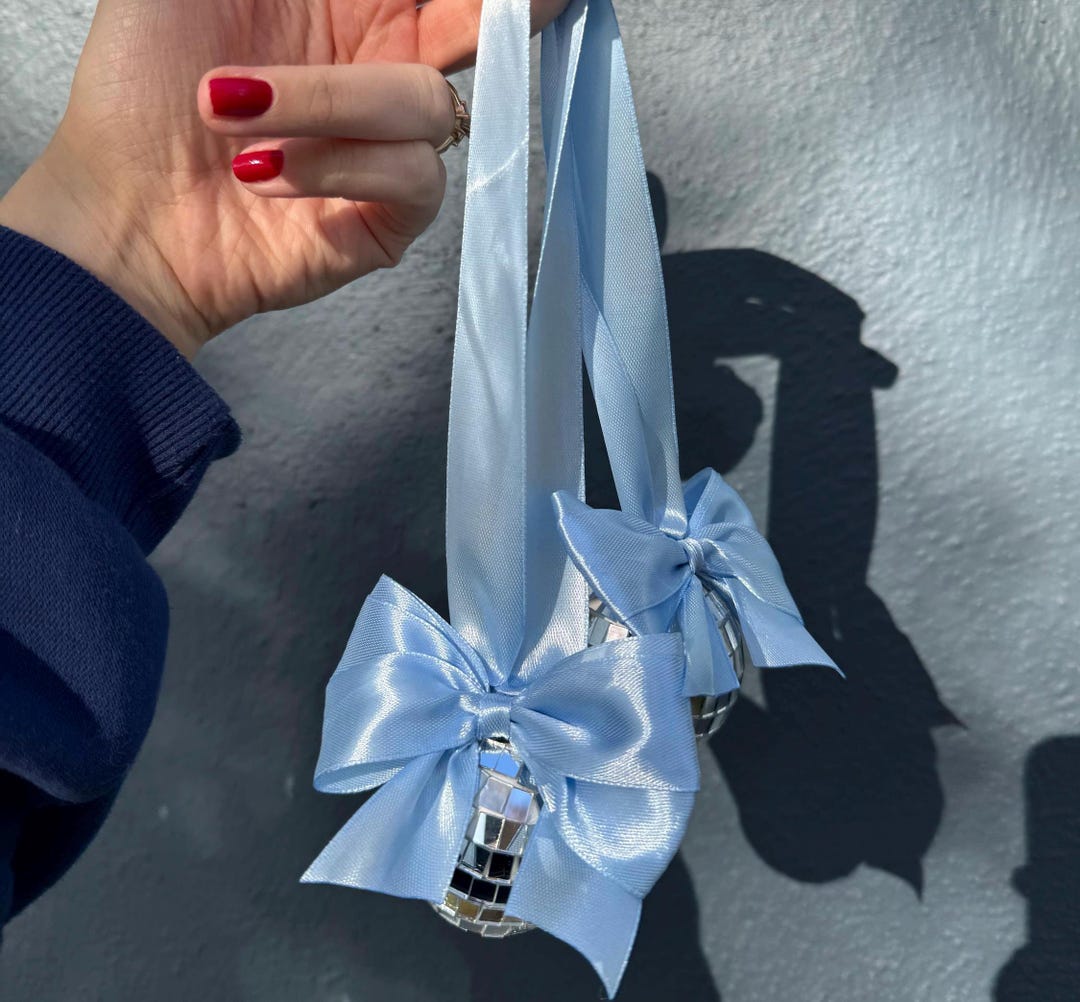Disco Ball Tiffany Blue Ribbon Car Pendant 1989, Mirrorball Bow Ribbon ...