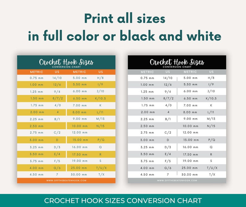 Crochet Hook Sizes Conversion Chart | Printable PDF in 5 Sizes | Full ...