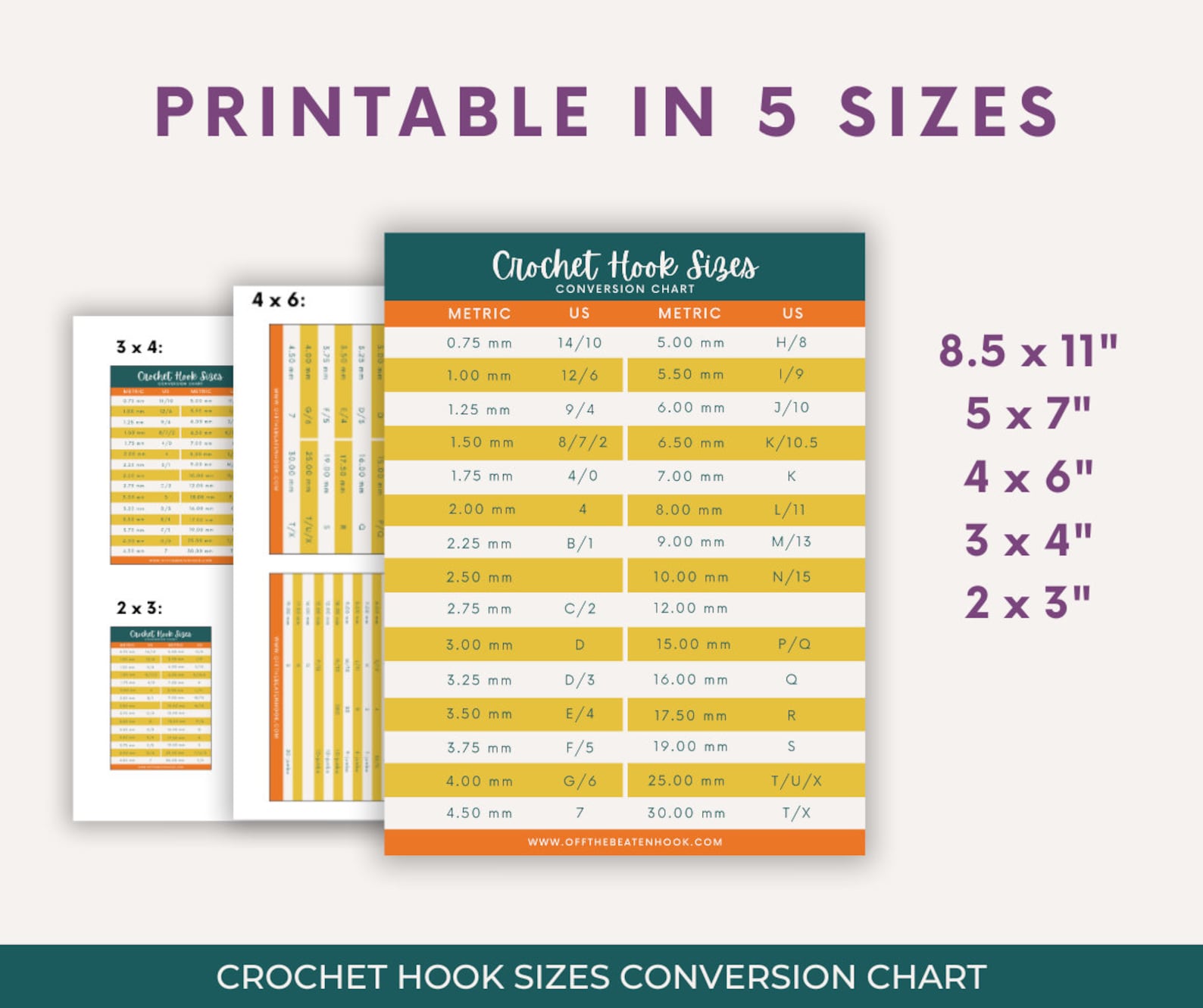 Crochet Hook Sizes Conversion Chart | Printable PDF in 5 Sizes | Full ...