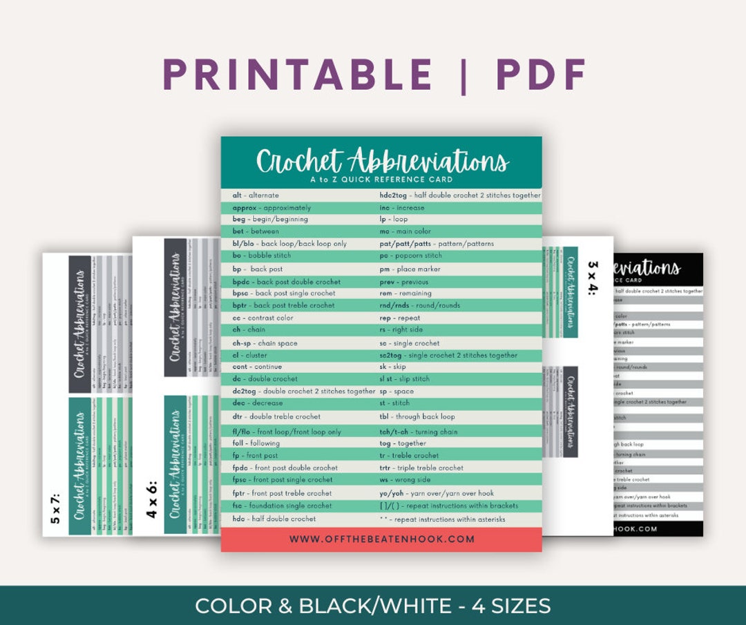 Crochet Abbreviations Reference Chart | Printable PDF in 4 Sizes | Full ...