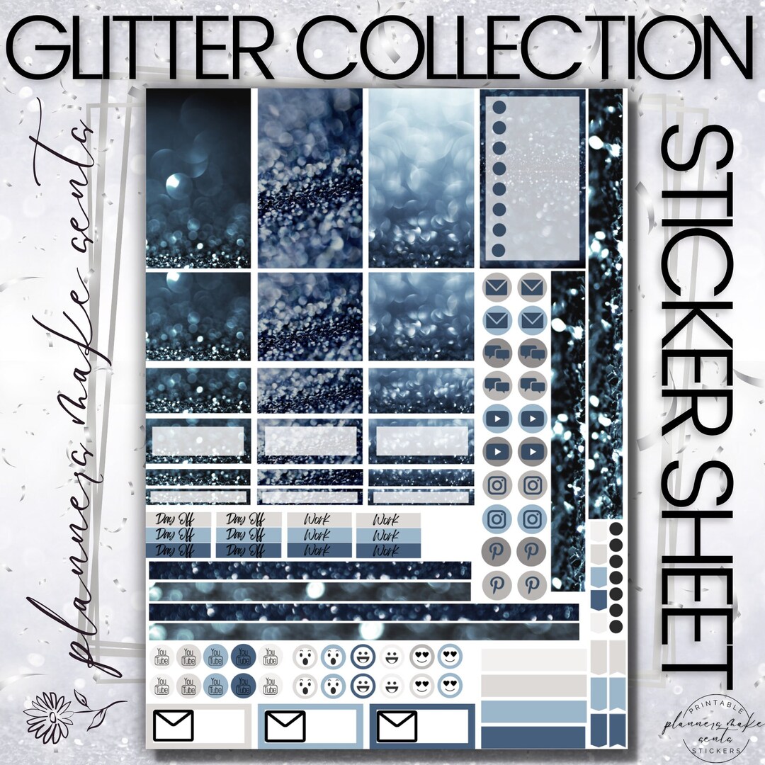 BLUE GLITTER SPARKLE Headers/printable Planner Stickers/functional ...