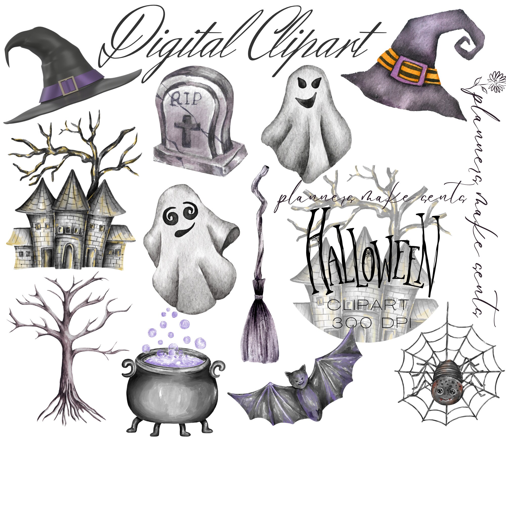 SPOOKY GHOST HALLOWEEN Digital Paper and Clipart/12x12 Seamless Pattern ...