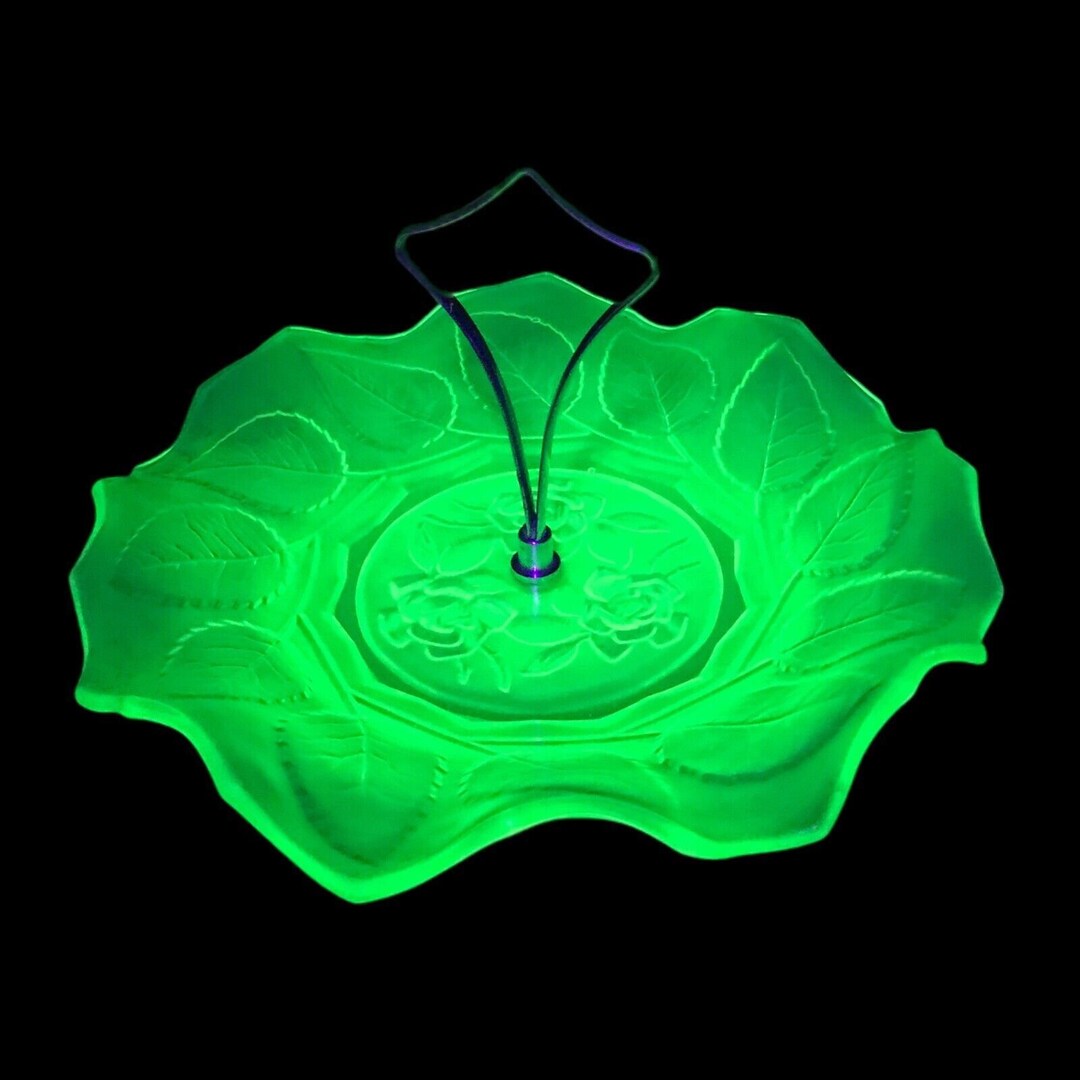 Vintage Bagley Frosted Uranium Glass roses & Leaf Handled Cake Plate ...