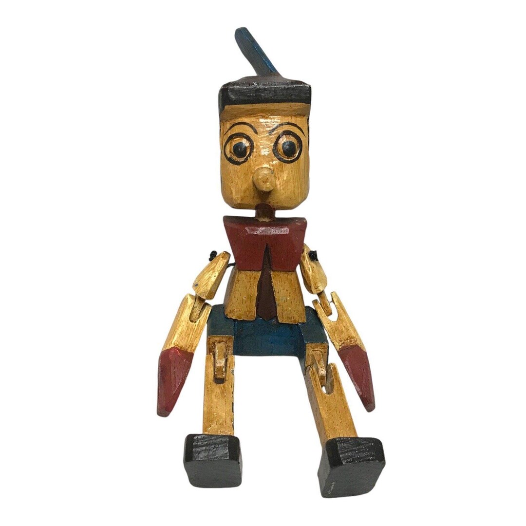 Antique Pinocchio Wooden Puppet Figure Vintage Folk Art Shelf Sitter ...