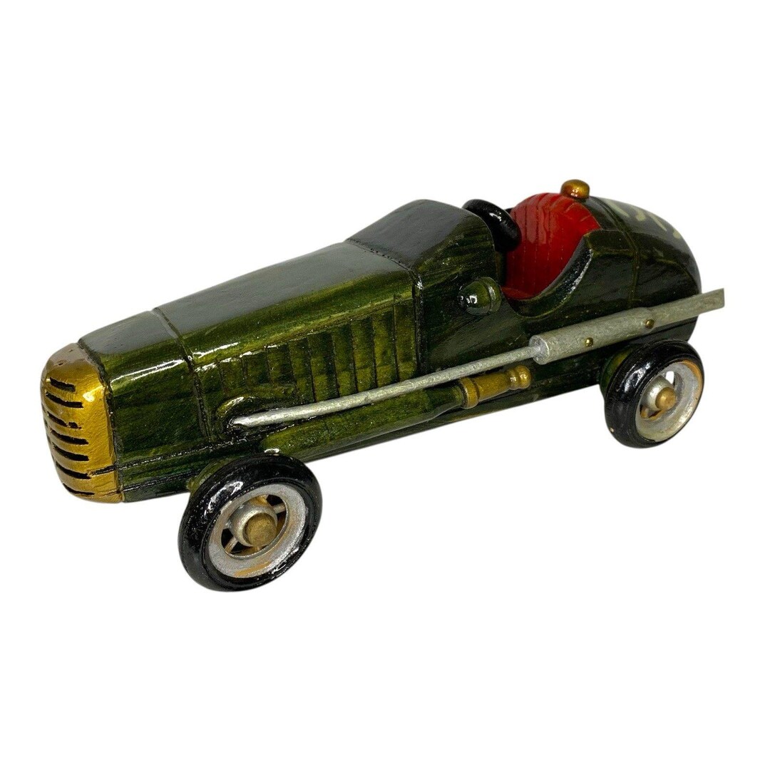 Vintage Handmade Wooden Racing Car Model – Green Collectible Display 11 ...