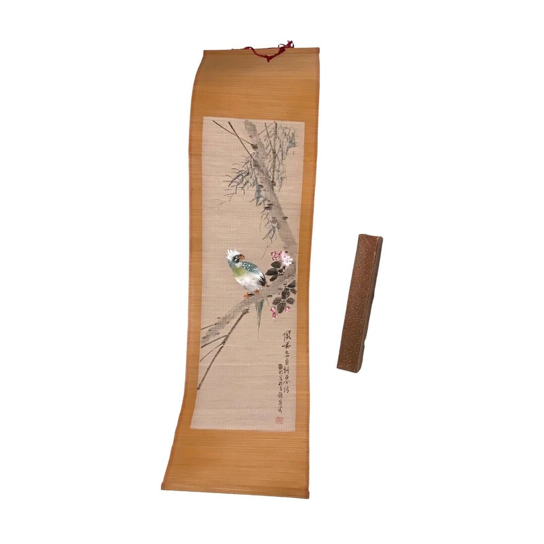 Vintage Chinese Japanese Bamboo Scroll Hand Painted Wall Hanging Bird ...