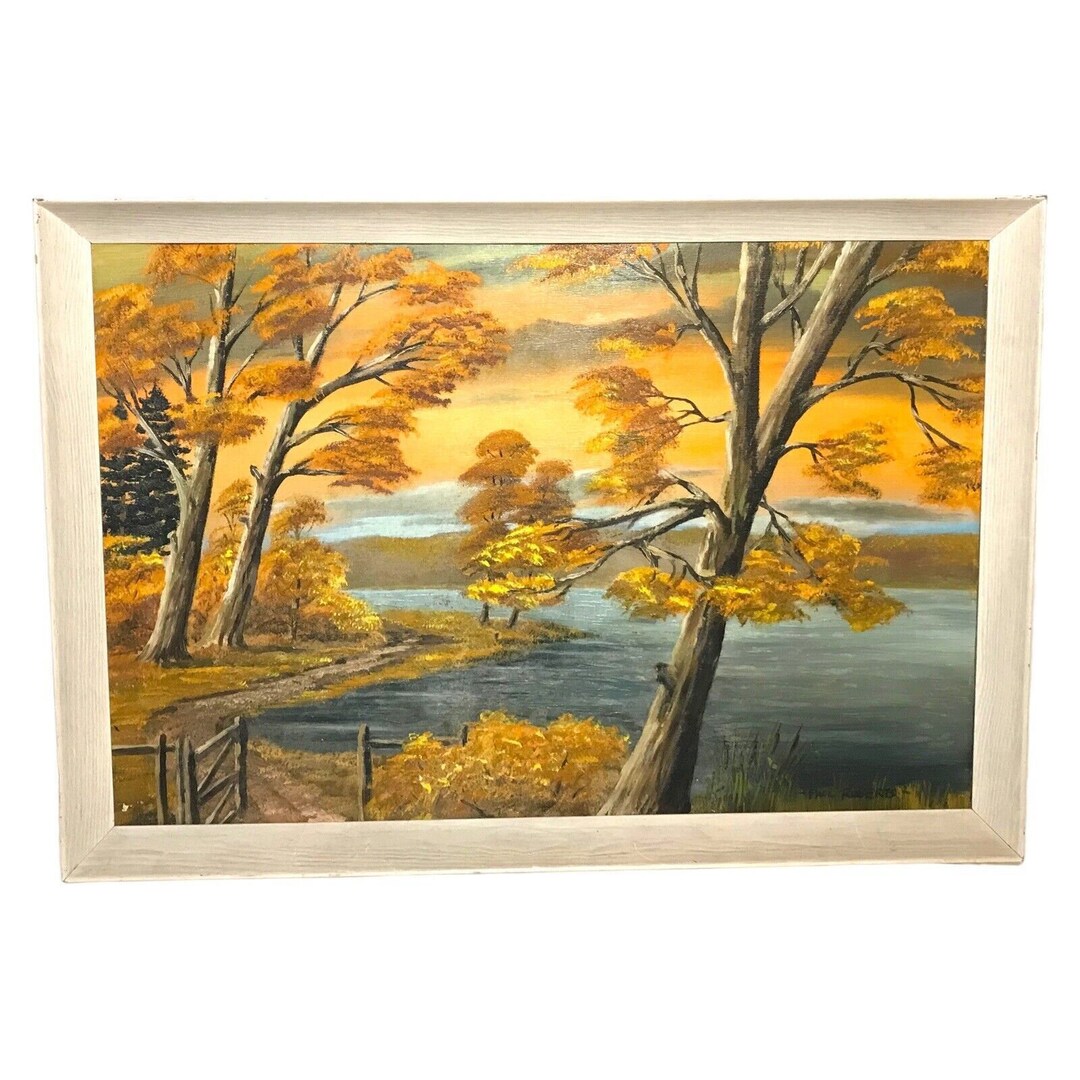 Large Original Painting of Orange Autumn Tree & Lake Scene Signed Paul ...