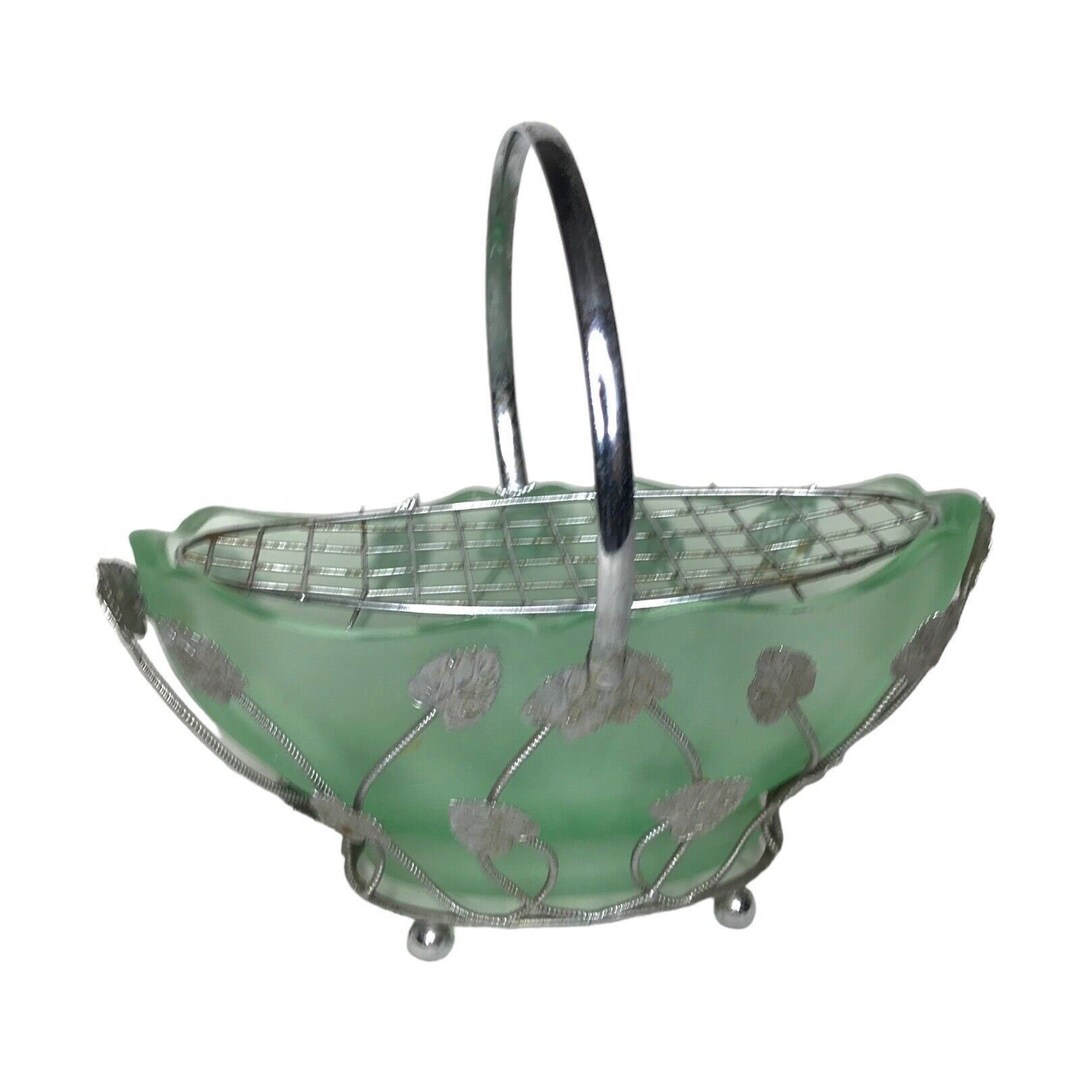 Art Deco Bagley Green Glass Evesham Posy Basket With Leaf Stand Metal ...