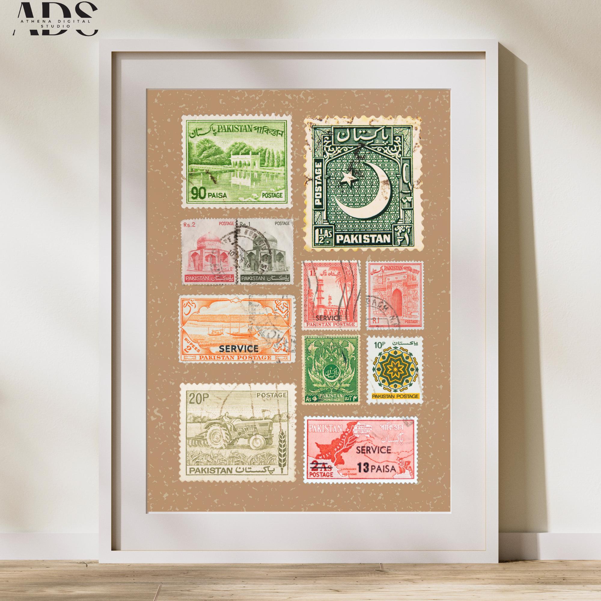 Vintage Pakistani Postage Stamps Poster | Historic Pakistan Digital Art ...
